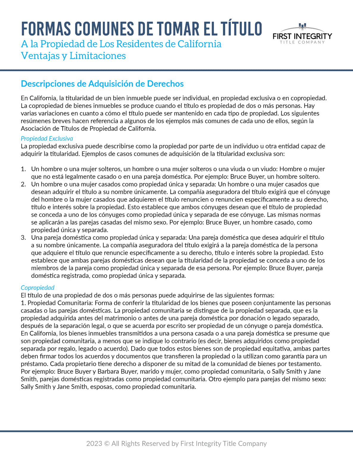 Common Ways to Take Title - Spanish - First Integrity Title Company